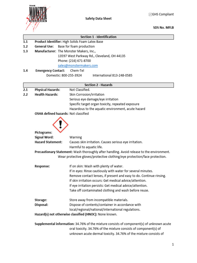 SDS MFLB - Monster Makers High Solids Foam Latex Base | PDF ...