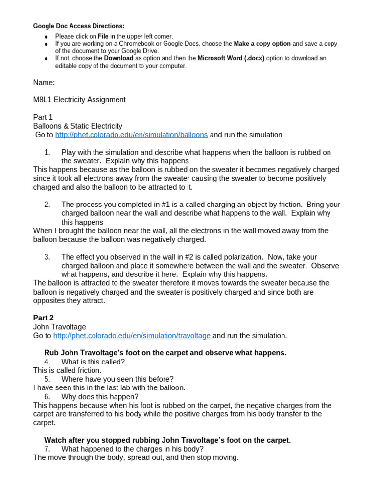 Electricity Assignment: Balloons & Charges | PDF | Electric Charge