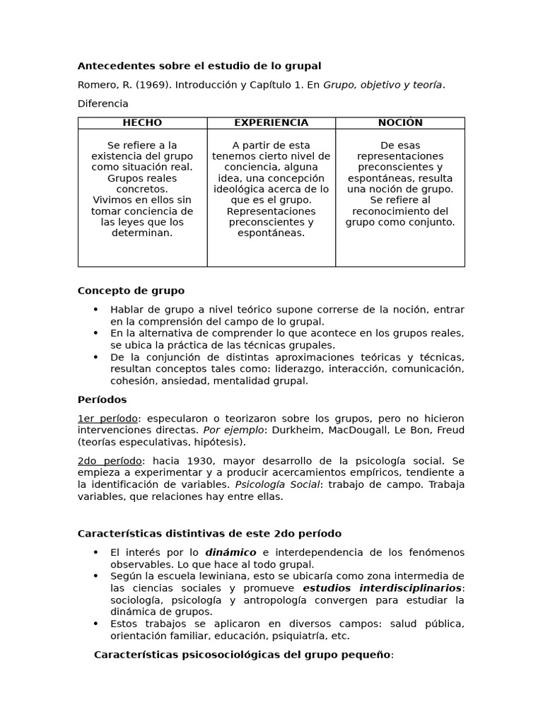 Antecedentes Sobre El Estudio de Lo Grupal: Grupo, Objetivo y Teoría ...