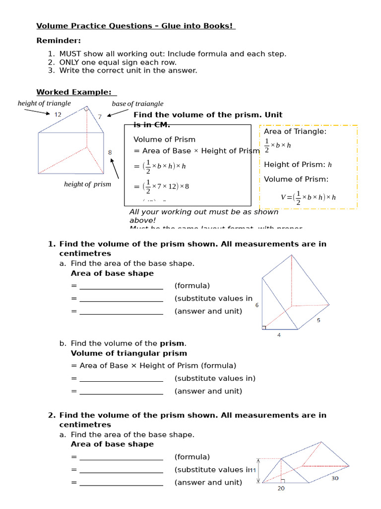 Year 7 Volume Practice Questions 1 | PDF | Area | Volume
