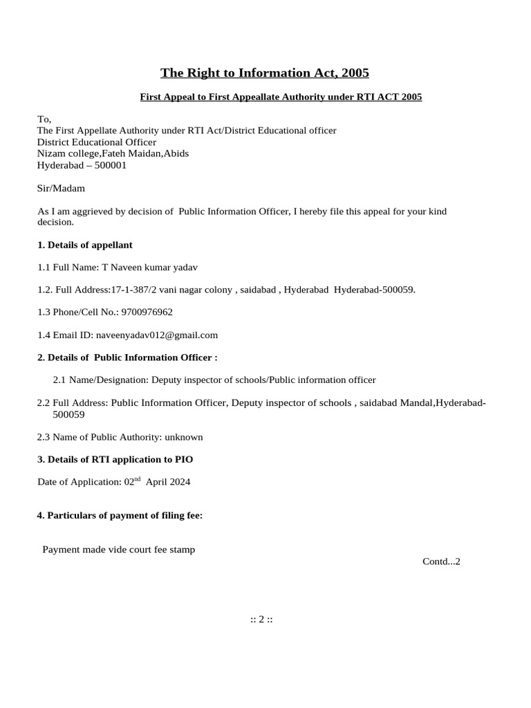 RTI First Appeal Submission Template | PDF | Constitutional Law ...