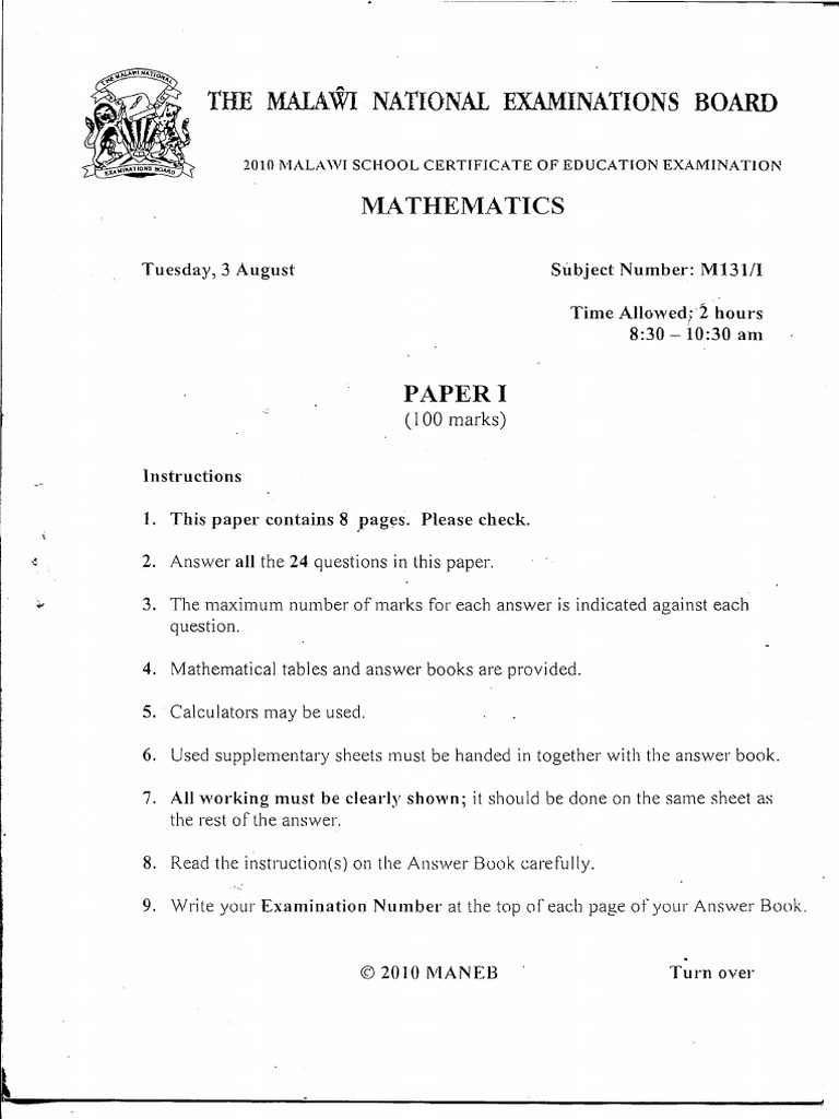 2010msce Math Paper | PDF