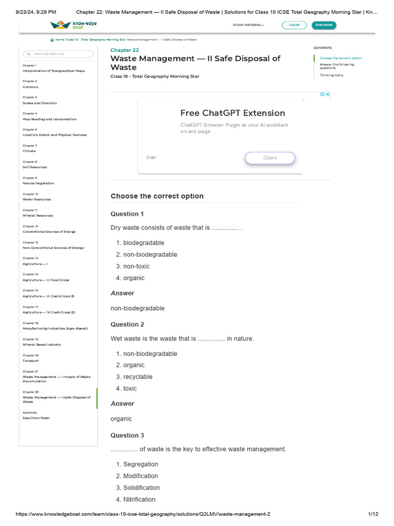 Chapter 22 - Waste Management - II Safe Disposal of Waste - Solutions For Class 10 ICSE Total ...
