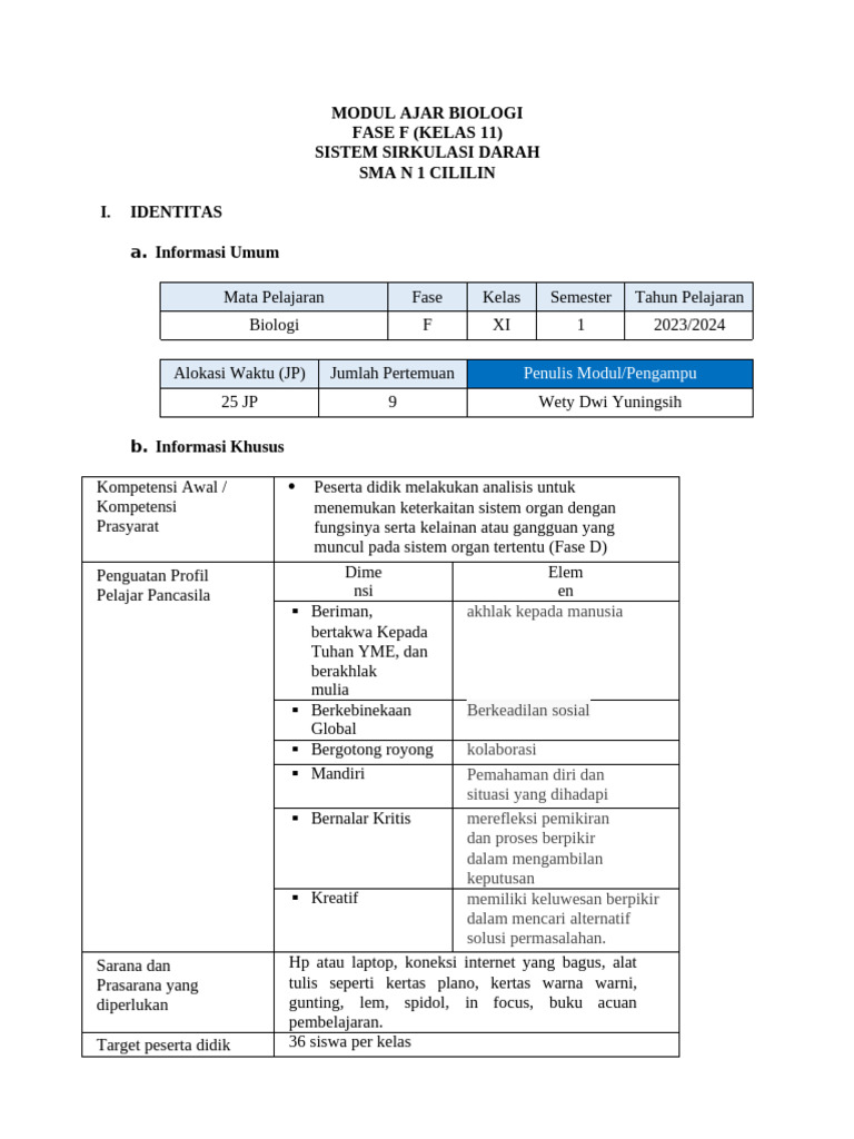 Modul Ajar Sistem Sirkulasi Kelas 11 | PDF