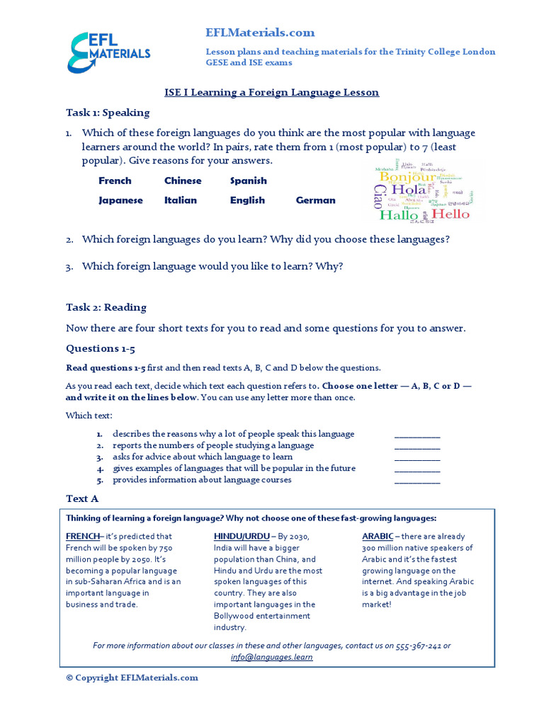 ISE I Learning A Foreign Language Lesson | PDF | Foreign Language ...