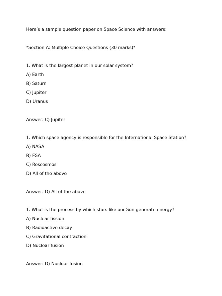 Space Science Question Paper | PDF | Science & Mathematics