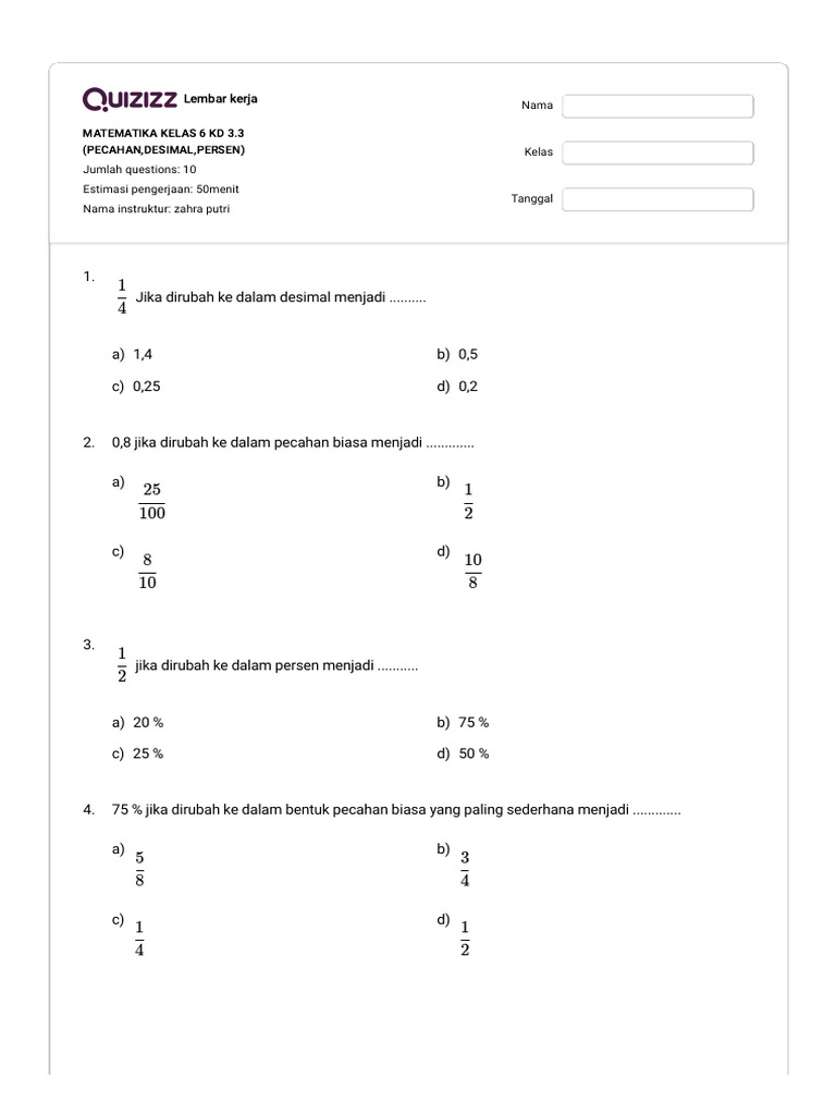 Matematika Kelas 6 KD 3.3 (Pecahan, Desimal, Persen) - Quizizz | PDF ...