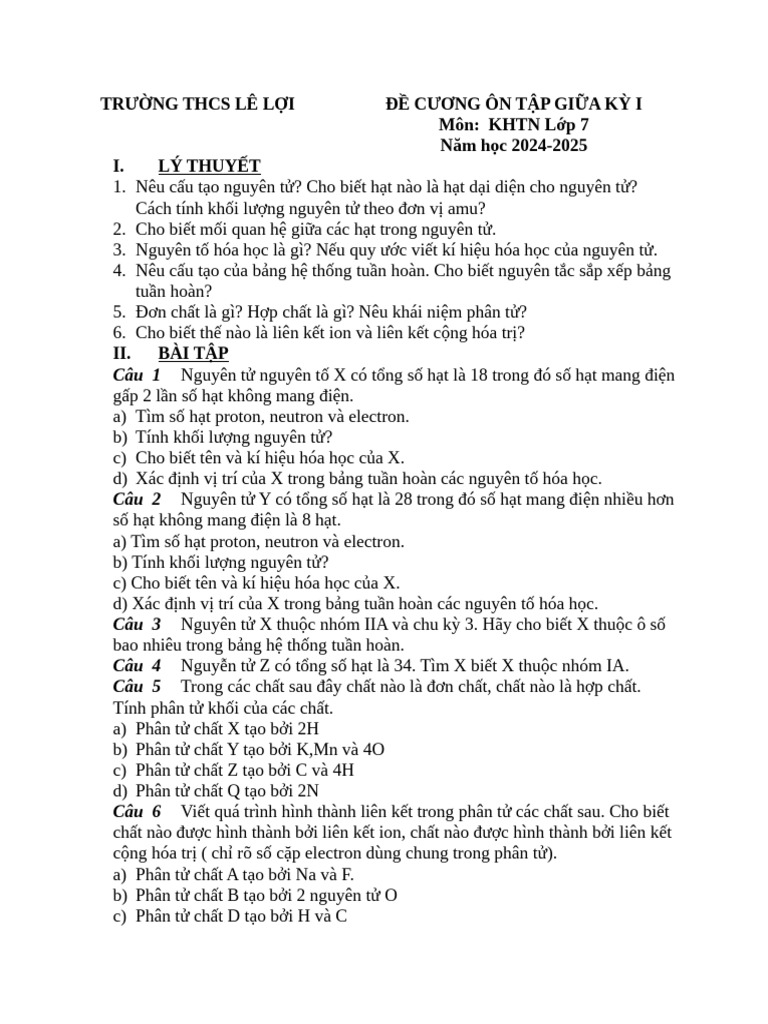 ĐỀ CƯƠNG ÔN TẬP GIỮA KỲ I MÔN KHTN 7 | PDF