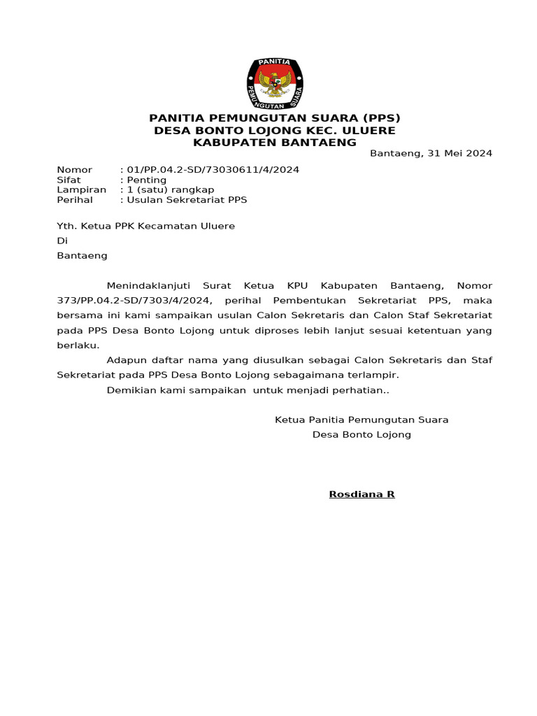 Surat Usulan Sek N Staf PPS2 | PDF