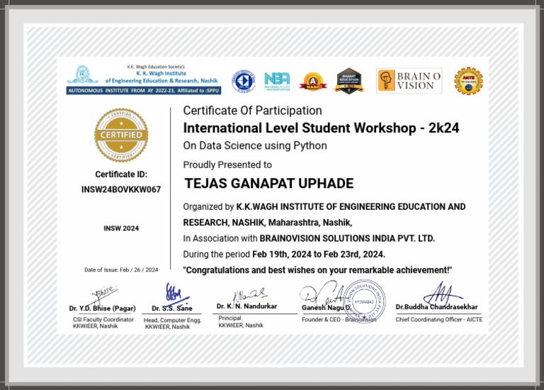 International Student Workshop 2024 On Data Science Using Python by Brainovision | PDF