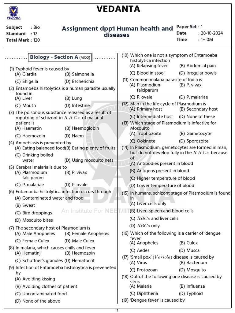Assignment dpp1 Human Health and Diseases 1729751 241024 115747 | PDF ...