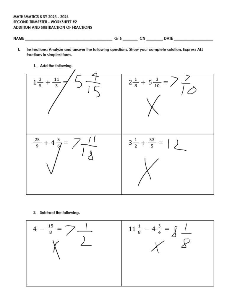 Grade 5 Fraction Worksheet 2023 | PDF | Mathematics | Arithmetic