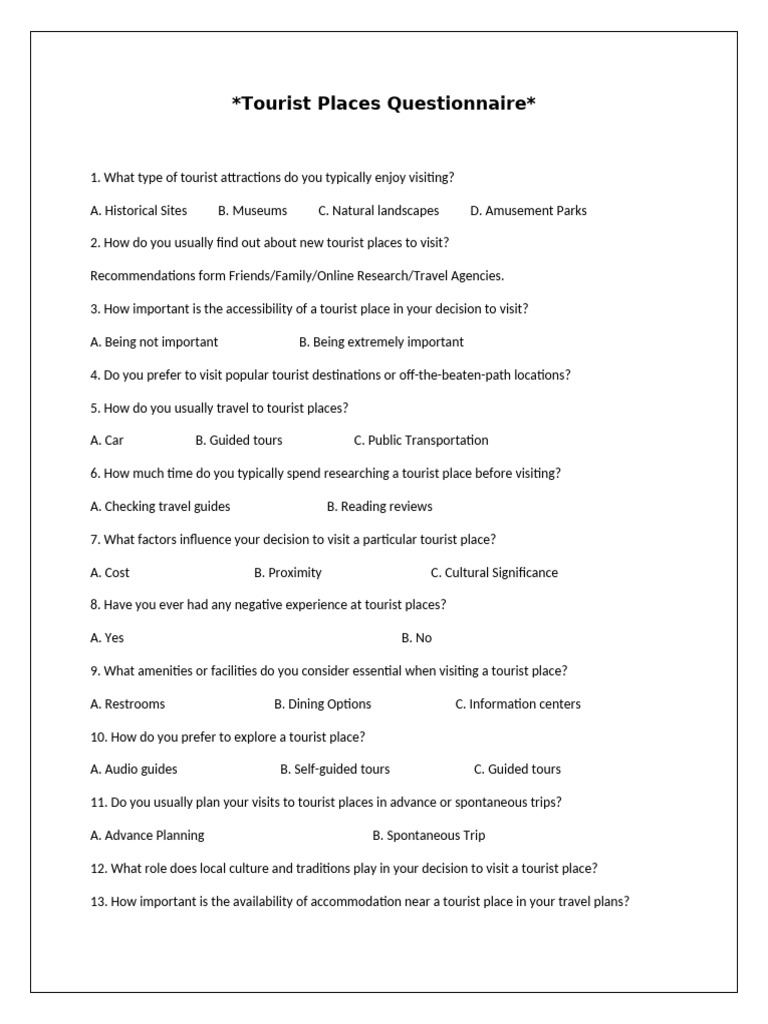 Tourist Places Questionnaire | PDF | Tourism | Service Industries