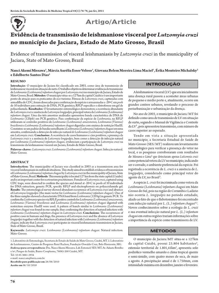 Evidence of Transmission of Visceral Leishmaniasis Bylutzomyia Cruzi in The Municipality of ...