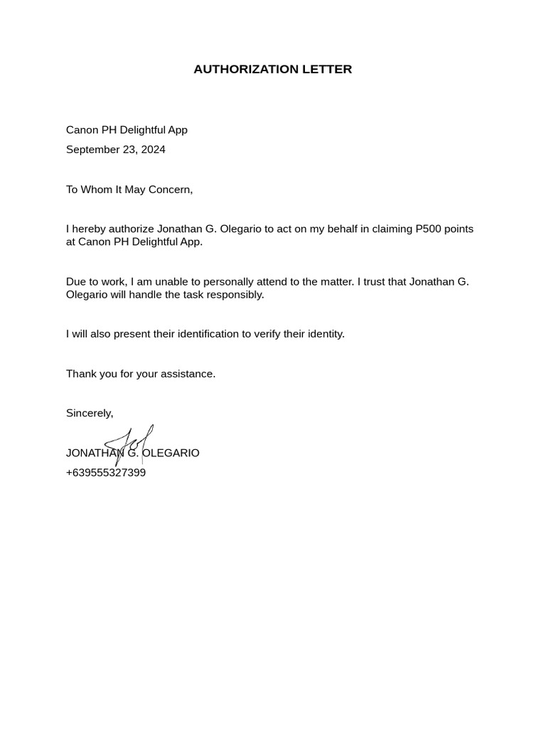 Authorization Letter | PDF | Finance & Money Management | Social Science