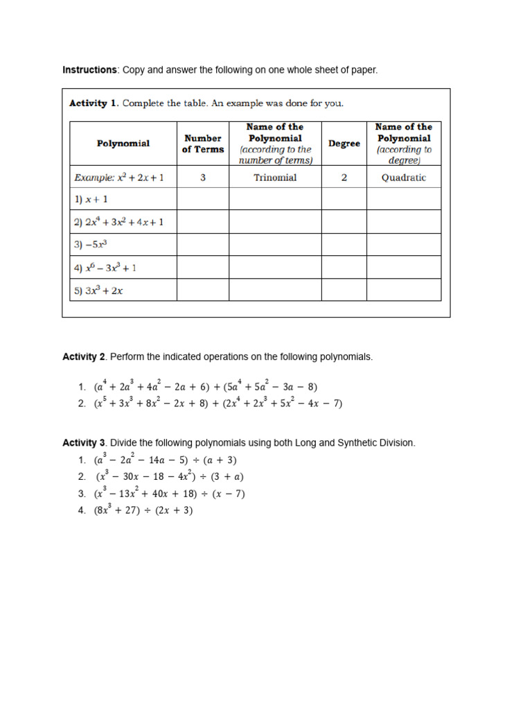 Polynomial Operations and Divisions Guide | PDF | Teaching Methods ...
