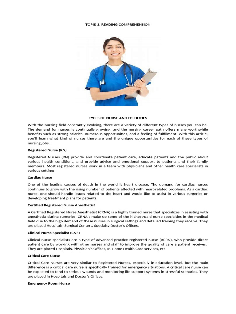 Reading Types of Nurses in Hospital | PDF | Nursing | Surgery