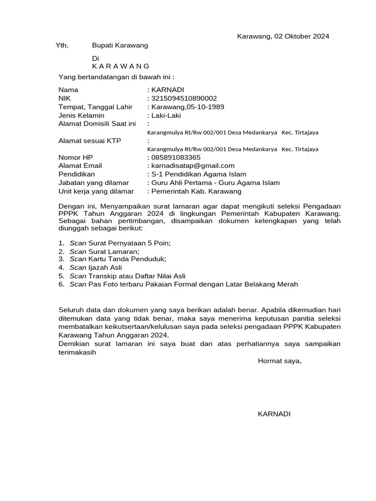 Format Surat Lamaran PPPK 2024 1 | PDF
