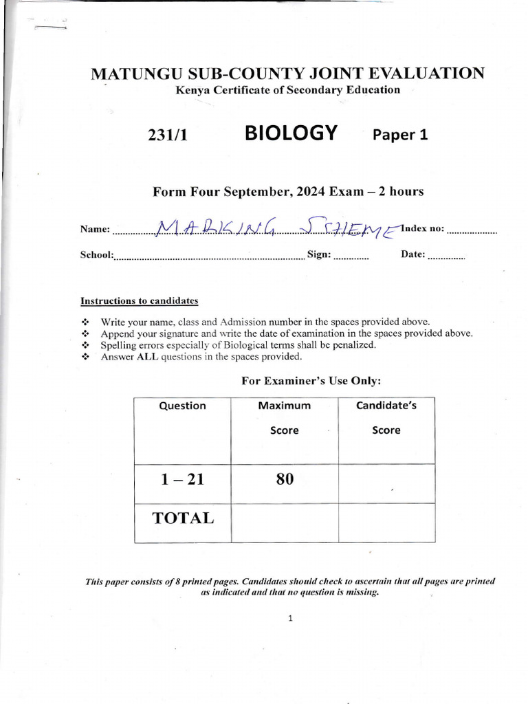 BIOLOGY Marking Scheme PP1 | PDF | Qualifications | Educational Stages