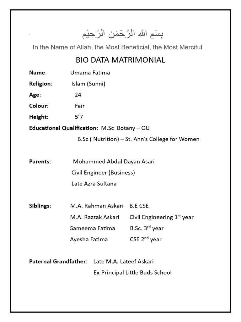 Umama Fatima's Matrimonial Bio Data | PDF