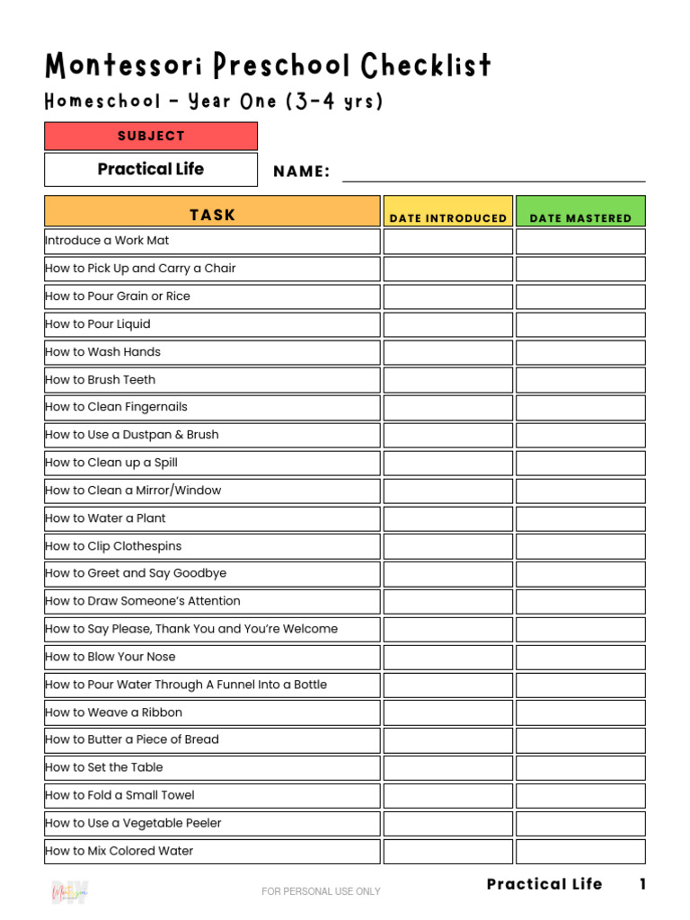 Year One Homeschool Montessori Preschool Checklist | PDF