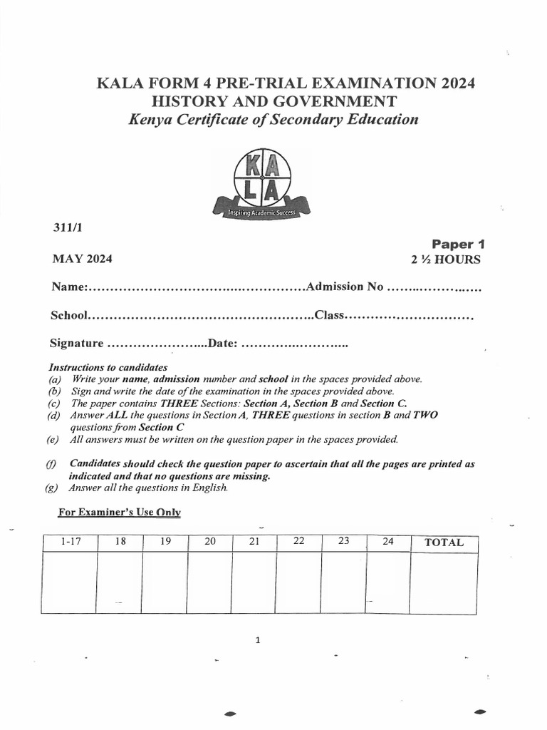 KALA Form 4 History Pre-Trial Exam 2024 | PDF | Kenya | Government