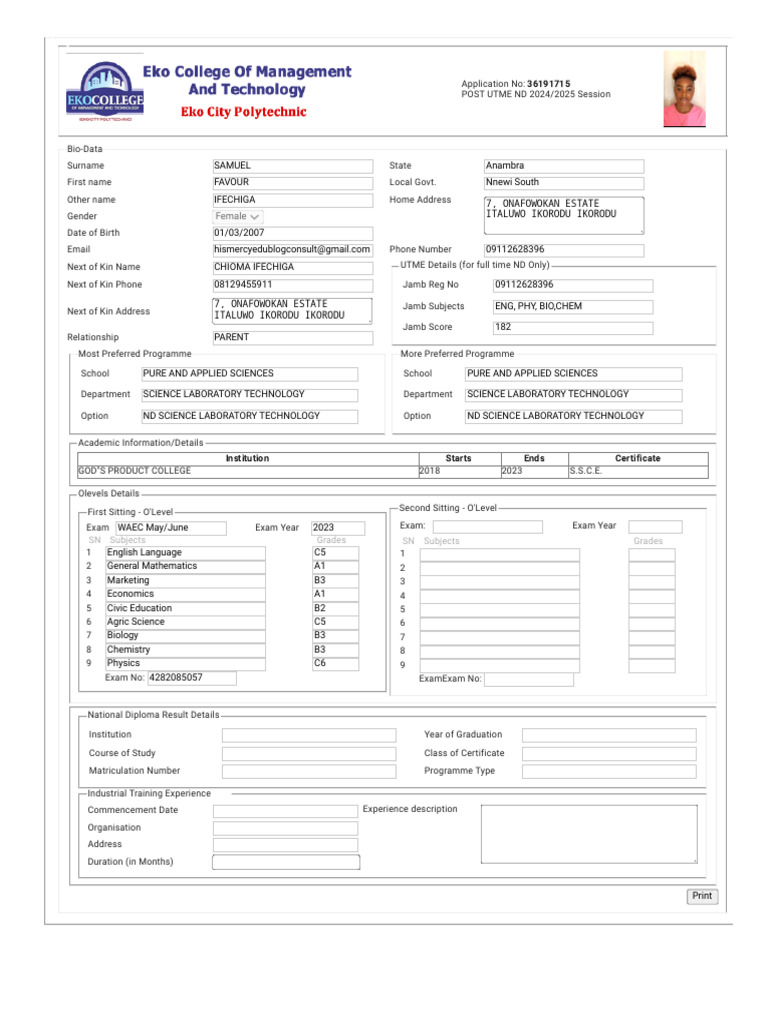 Eko City Polytechnic, Ikotun - Admission Form Print | PDF | University ...