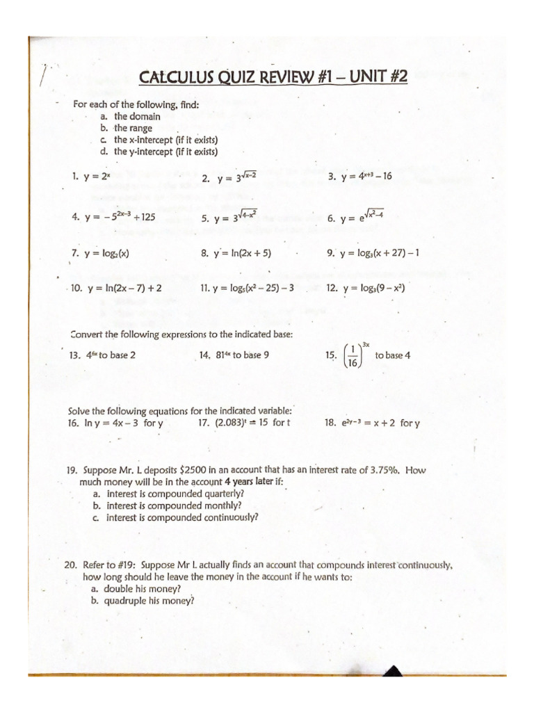 Calculus Quiz Review #1 - Unit #2 | PDF
