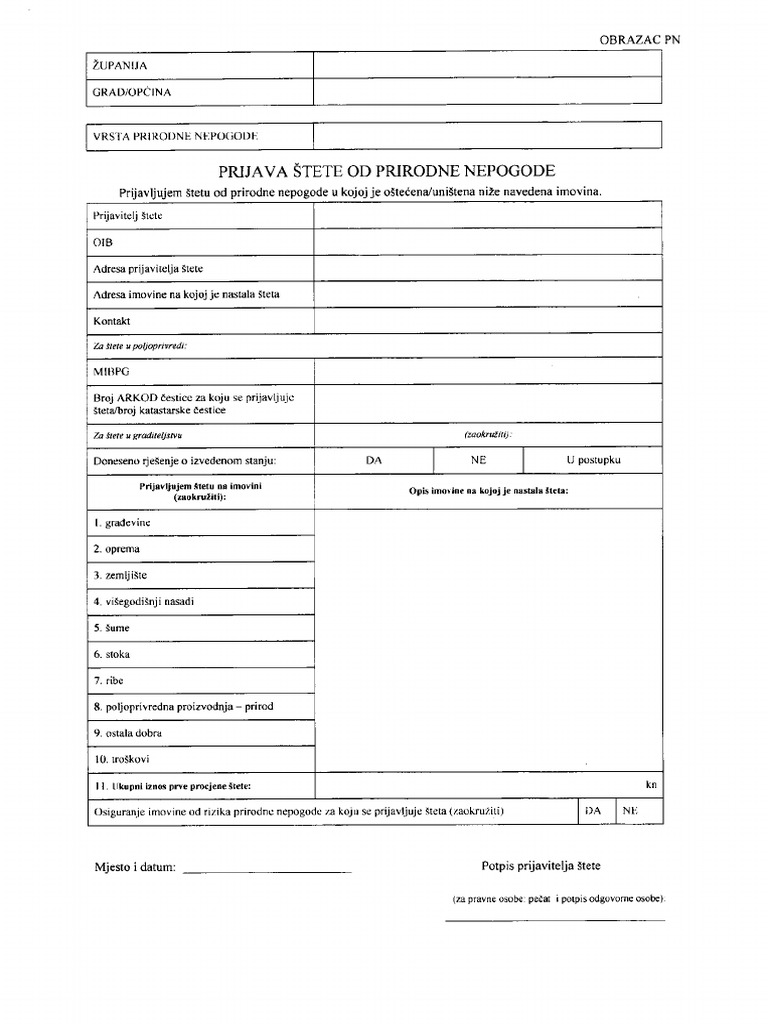 Obrazac PRIJAVA ŠTETE OD PRIRODNE NEPOGODE | PDF