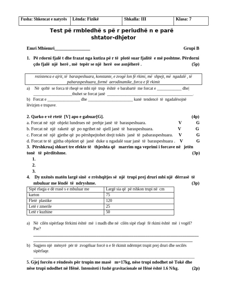 Test Permbledhes Per Periudhen 1 Fiz 7 (B) | PDF