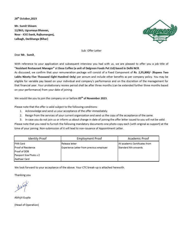 Offer Letter format | PDF