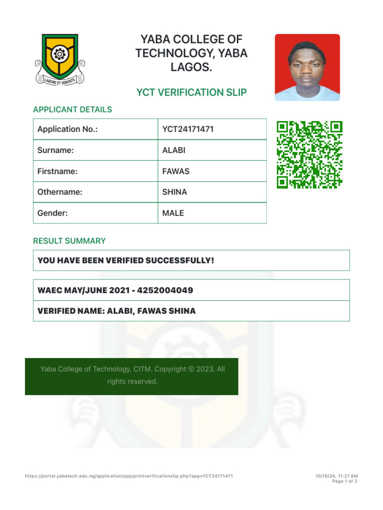 Yct Verification Slip For Alabi Fawas | PDF
