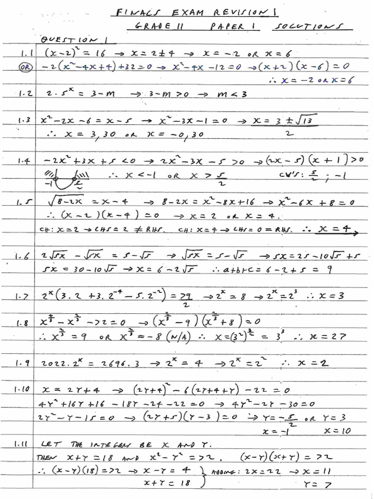 Finals Exam Revision 1 Grade 11 Paper 1 - Solutions | PDF