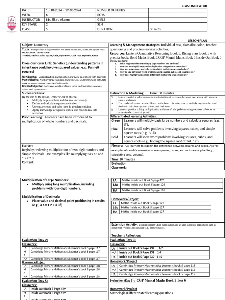 Numeracy Lesson Plan Year 5 Week 7 | PDF | Multiplication | Numbers