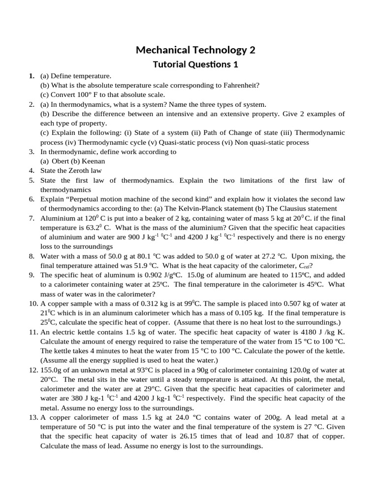 Tutorial-1 | PDF | Heat | Heat Capacity