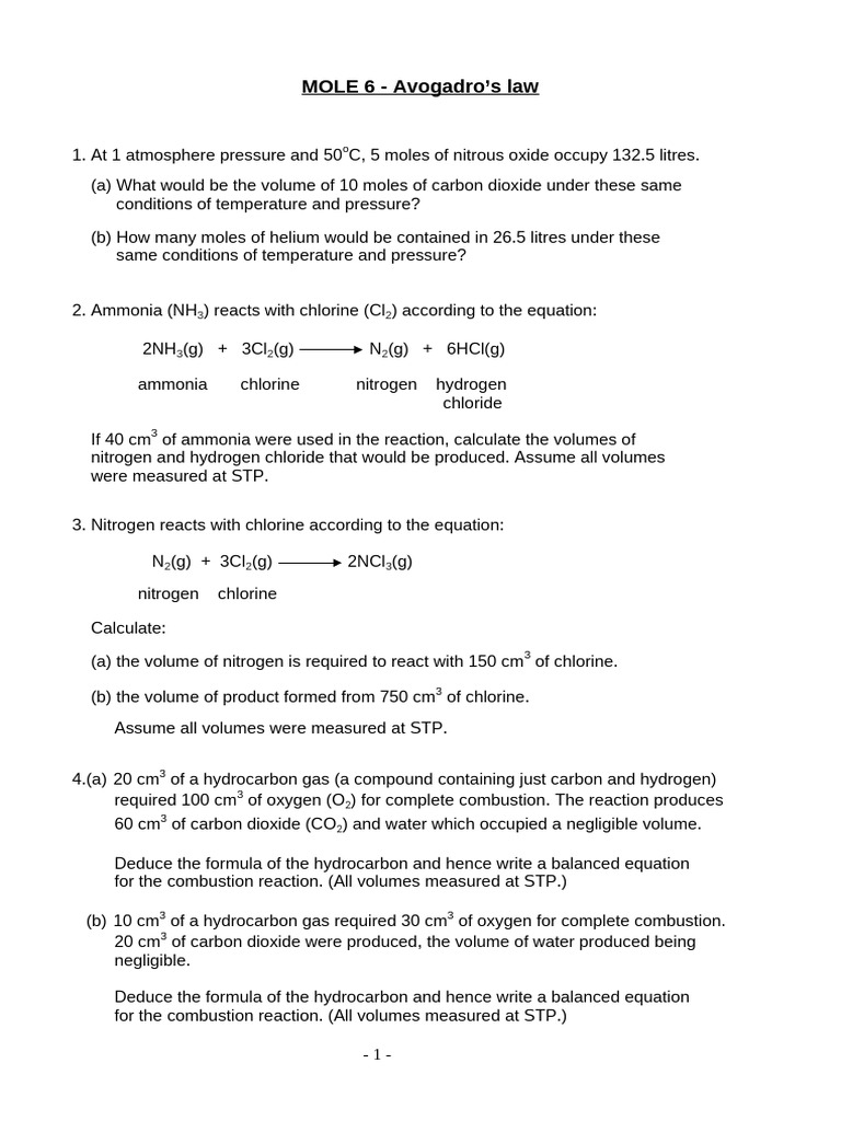 Mole 6 Exercise Avogadro's Law | PDF | Science & Mathematics | Technology & Engineering