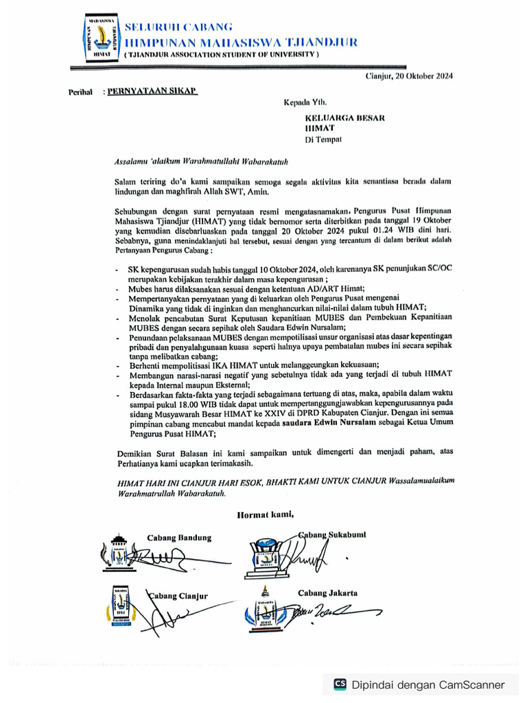 Surat Pernyataan Sikap Seluruh Cabang HIMAT | PDF