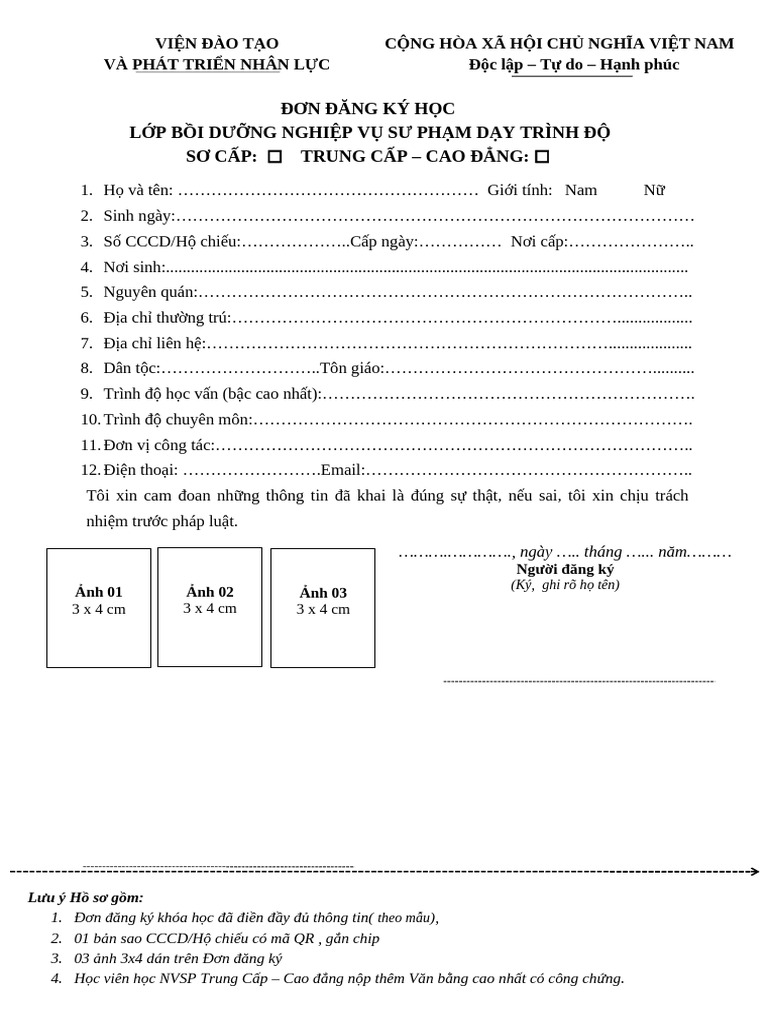 Đơn Đăng Ký NVSP - 2024 | PDF