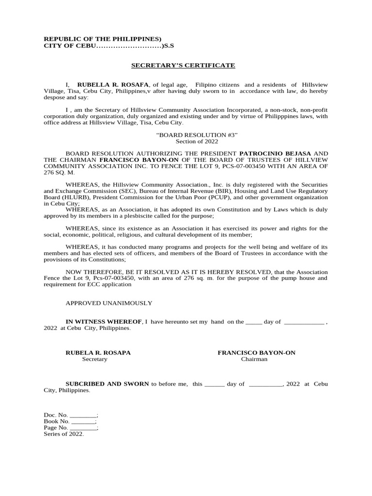 SECRETARY CERTIFICATE | PDF | Legal Documents | Governance