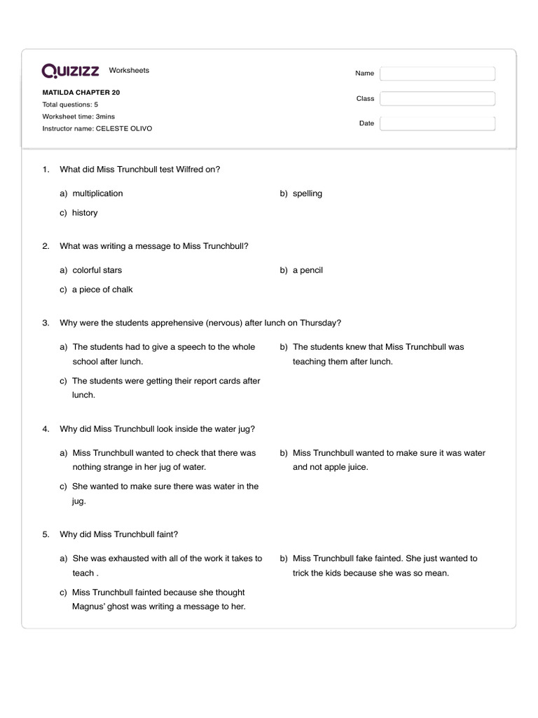 Matilda Chapter 20 Worksheet | PDF