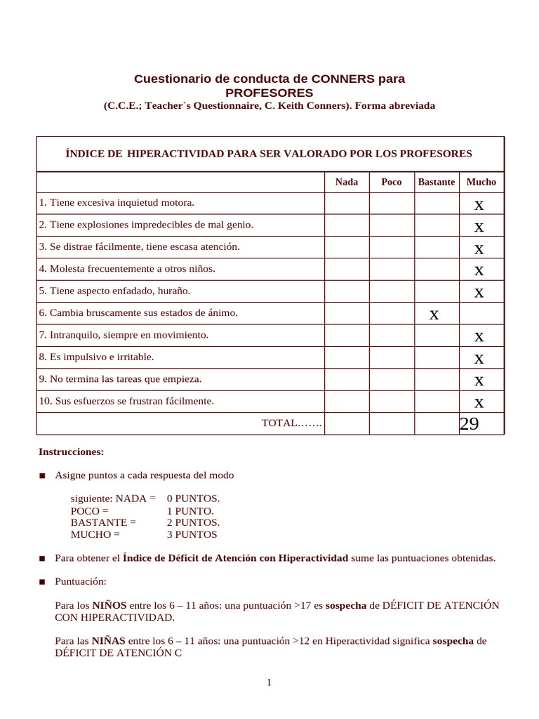 Escalas de Conners para Evaluar | PDF | Desorden hiperactivo y deficit ...