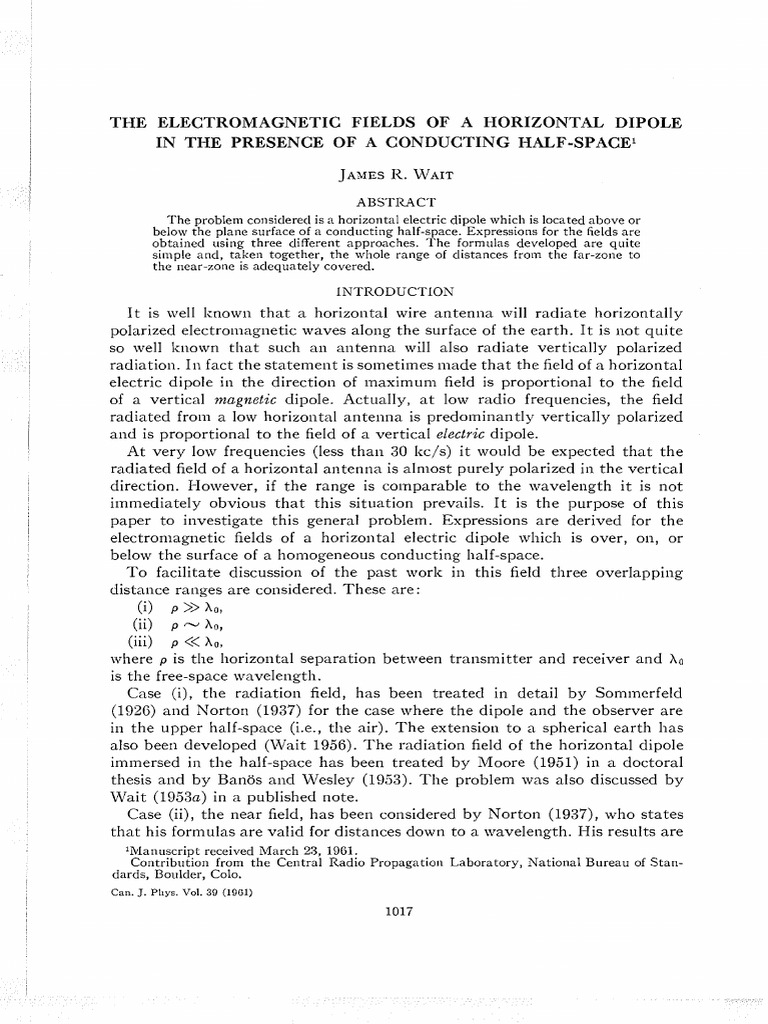 The Electromagnetic Fields of A Horizontal Dipole in The Presence of A Conducting Half-Space ...