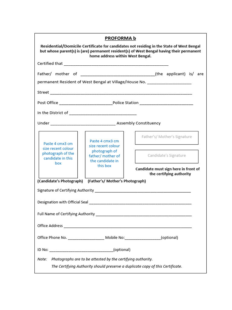 Proforma B: Residential/Domicile Certificate | PDF | Disability | Visual Impairment