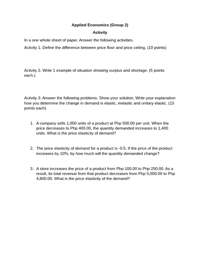 Activity (Applied Economics Group 2) | PDF | Elasticity (Economics ...