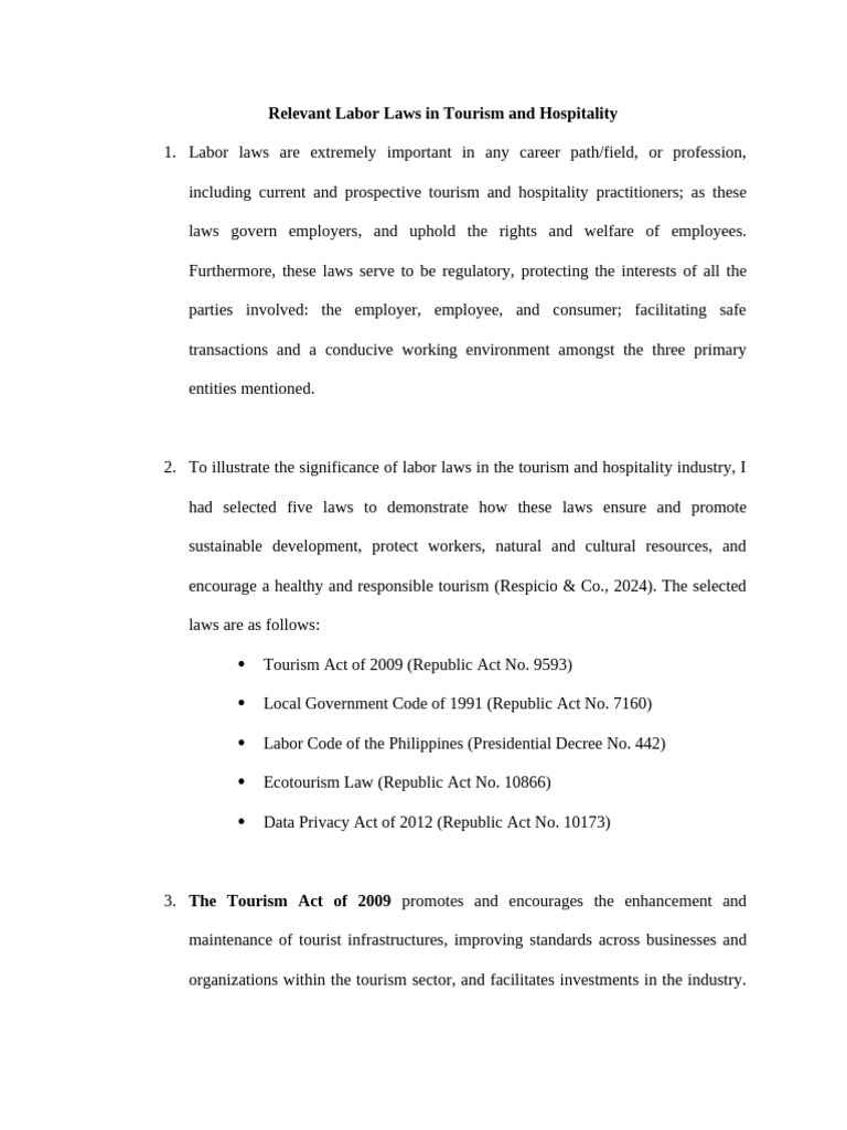 Key Labor Laws in Tourism Sector | PDF | Employment | Tourism