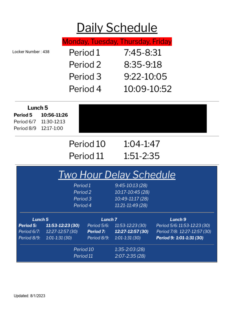 Daily Schedule: Two Hour Delay Schedule | PDF