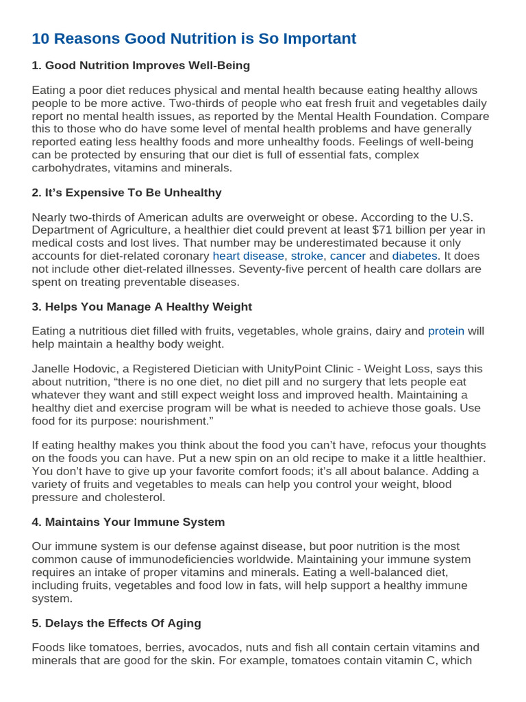 10 Reasons Good Nutrition Is So Important | PDF | Healthy Diet | Diet ...