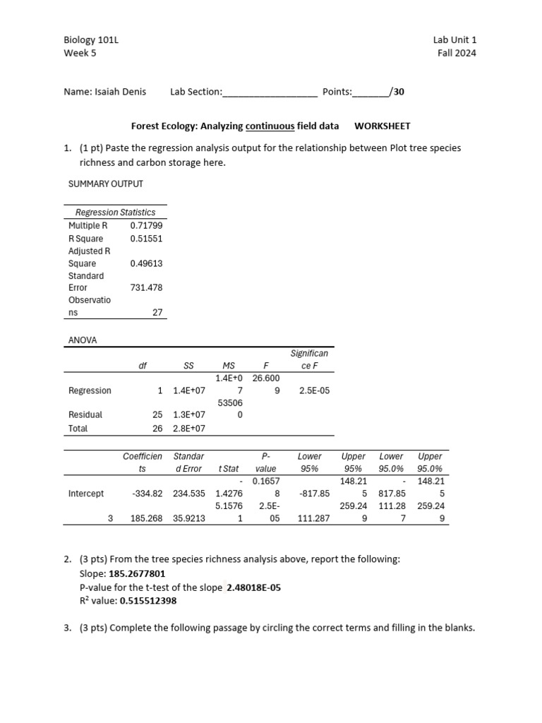Bio101L W5 Worksheet 2024 | PDF | Errors And Residuals | Coefficient Of Determination