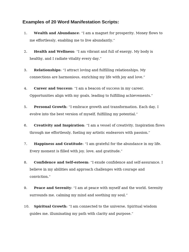 Examples of 20 Word Manifestation Scripts | PDF | Peace | Personal ...