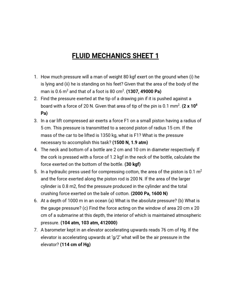 Fluids mechanics Sheet 1 | PDF